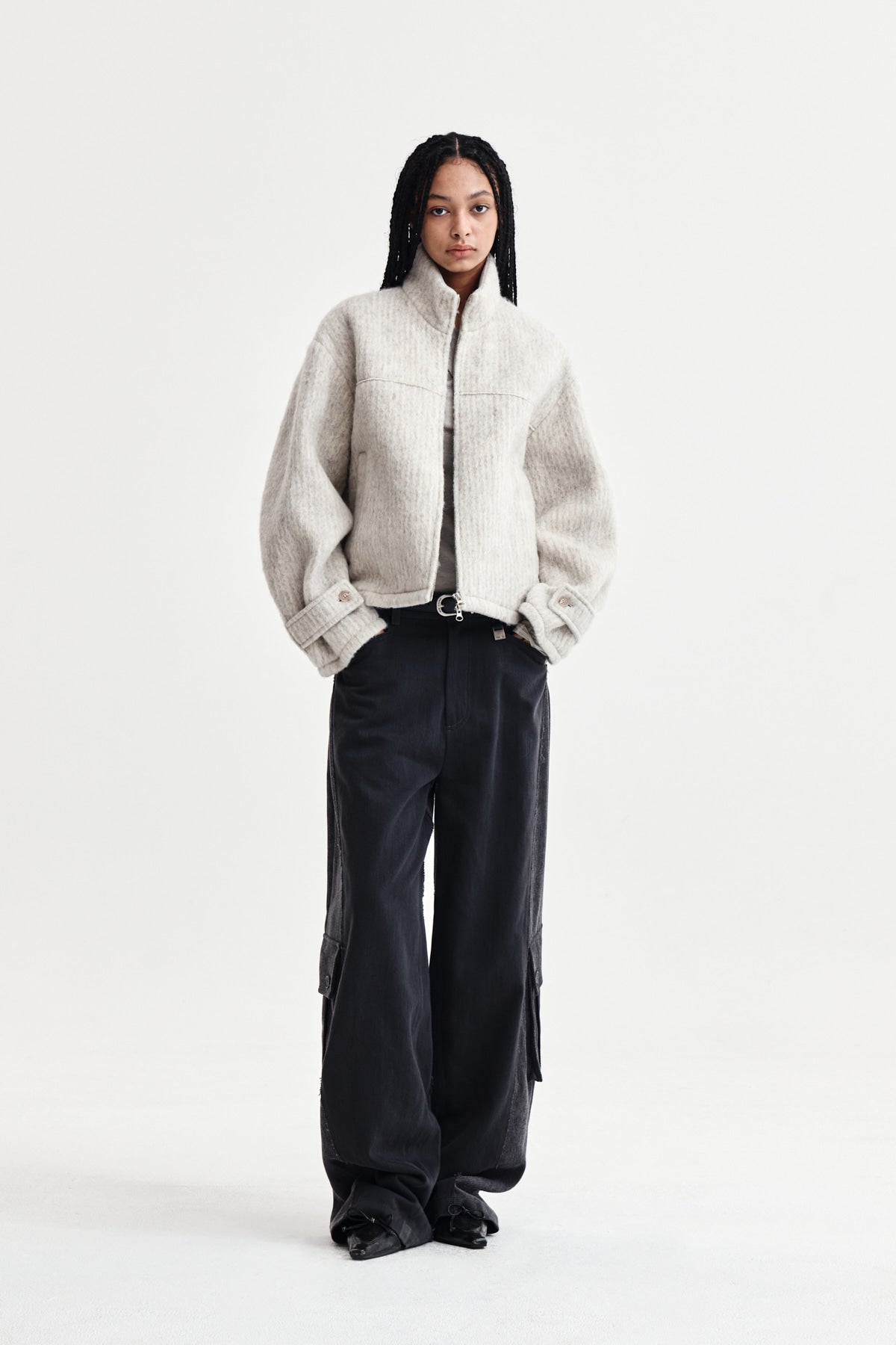 MATIN KIM HAIRY HIGH NECK ZIP UP JUMPER IN LIGHT BEIGE – SeoulSeoul