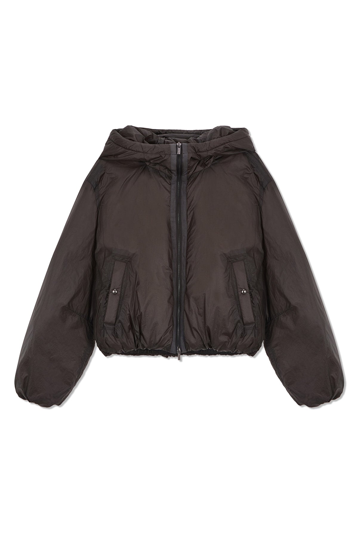 MATIN KIM BACK LOGO HOODY SHORT DOWN JUMPER IN CHARCOAL – SeoulSeoul