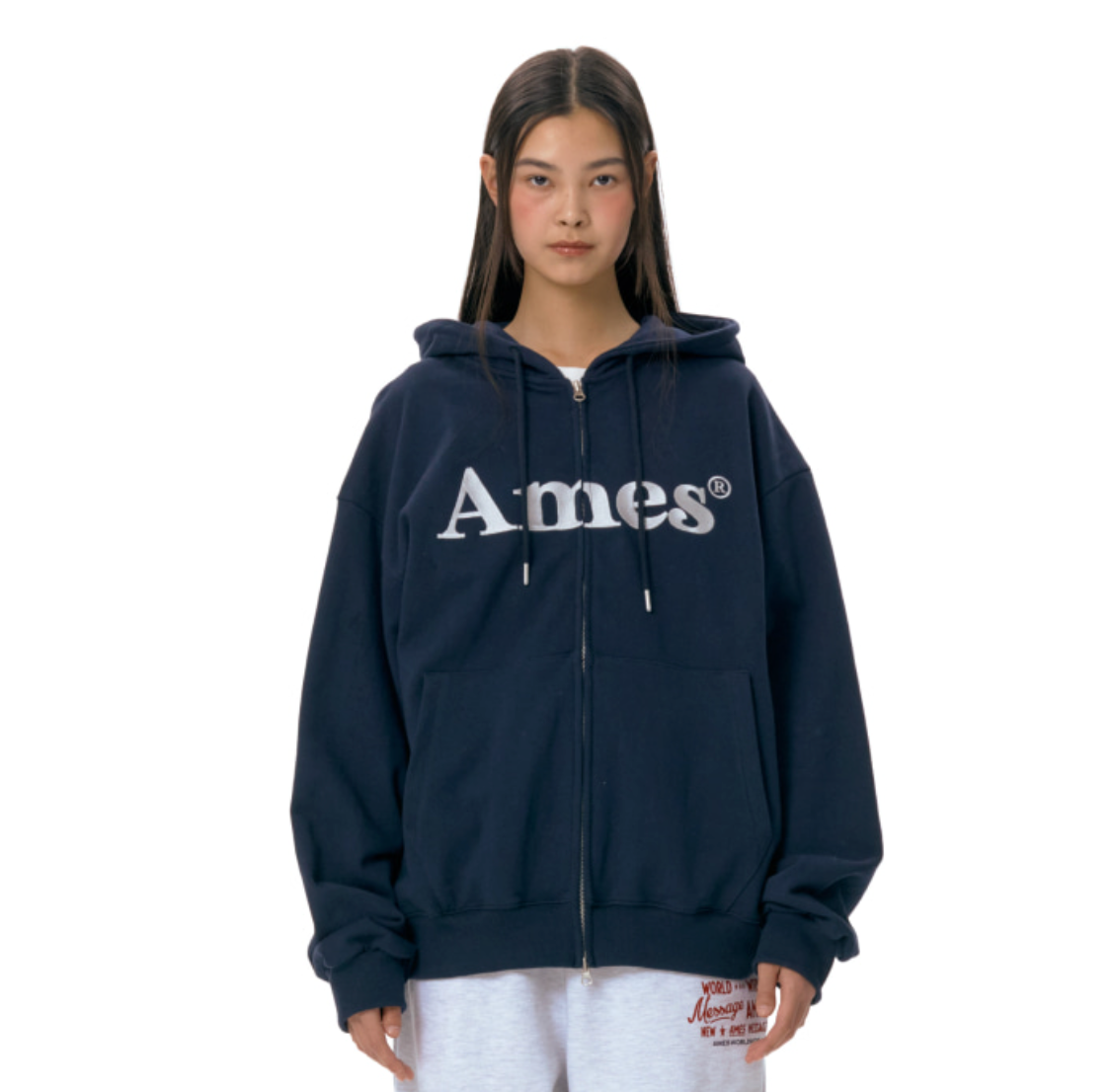 AMES BASIC LOGO HOODIE ZIP UP NAVY – SeoulSeoul